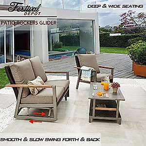 Festival Depot Patio Glider Metal Loveseat Chair Swing Bench with Cushions and Wicker Back Outdoor Furniture for Garden Backyard, Dark Grey