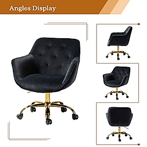 HULALA HOME Velvet Office Chair with Gold Base, Modern Cute Mid-Back Desk Chair, Adjustable Swivel Task Chair for Living Room, Bedroom, Study, Vanity, Black