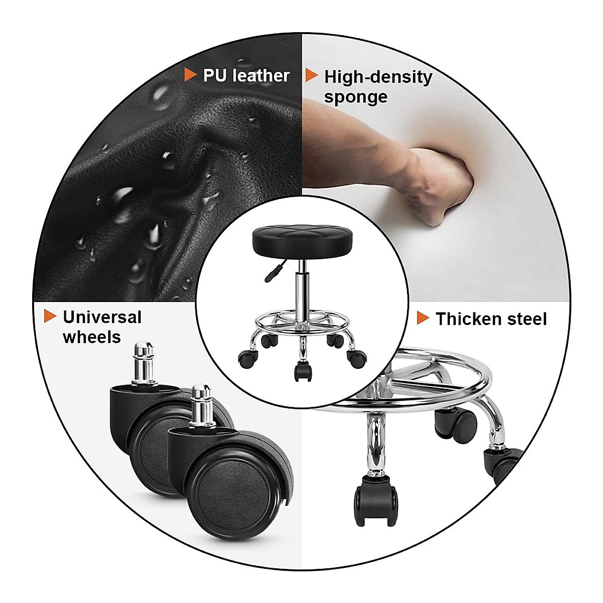 KKTONER Round Rolling Stool Chair PU Leather Height Adjustable Swivel Drafting Work SPA Shop Salon Stools with Wheels Office Chair Small (Black)