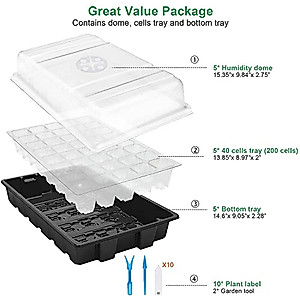 MIXC Seedling Trays Seed Starter Tray, 5-Pack Mini Propagator Plant Grow Kit Greenhouse with Humidity Vented Domes and Base for Seeds' Starting (40 Cells Per Tray, Total 200 Cells), Black