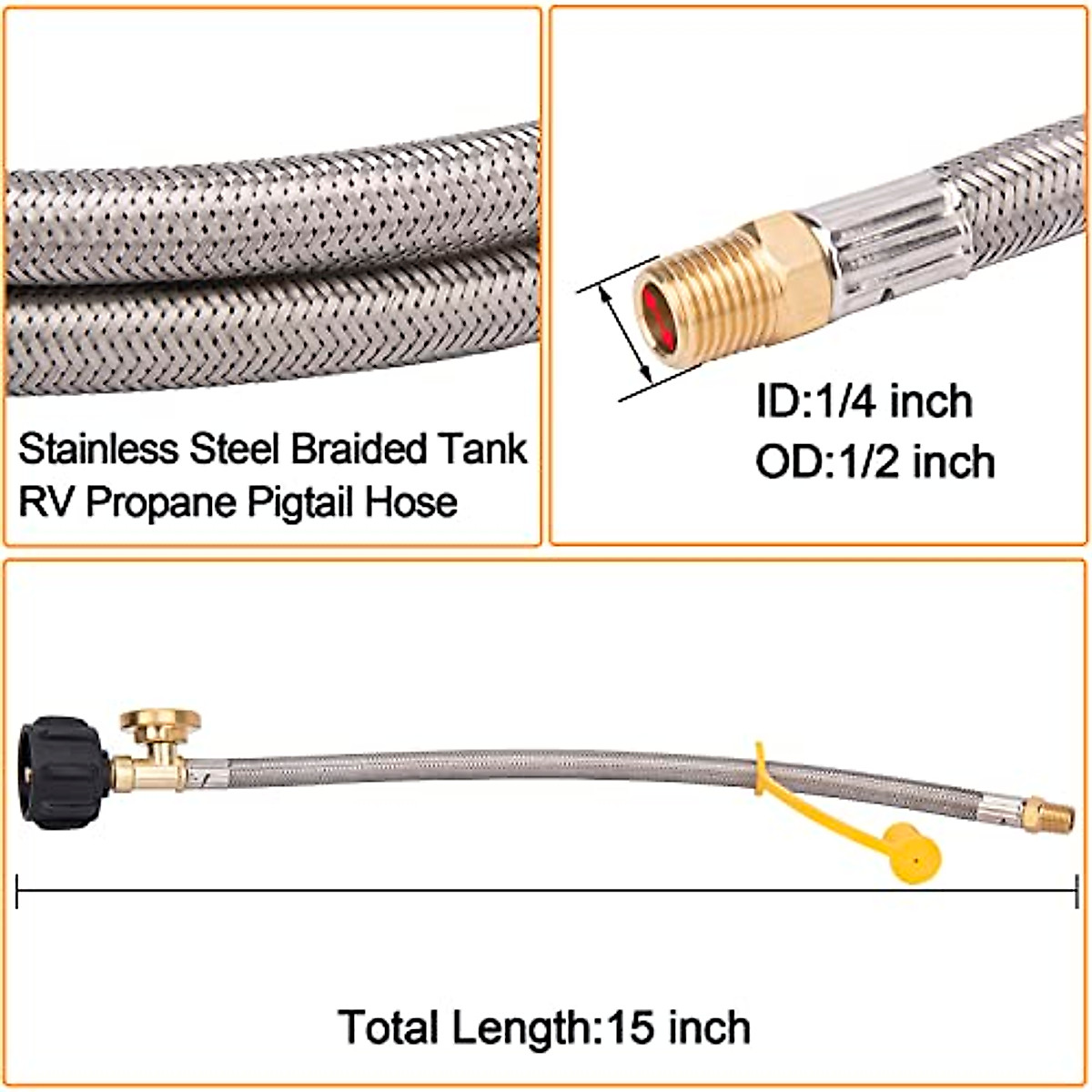 15 inch RV Propane Hose with Gauge, Stainless Steel Braided Tank RV Propane Pigtail Hose Line for Camper Standard Dual Stage Regulator 1/4-Inch Male NPT x QCC-1 Fittings 40Lb 250PSI (2 Pack)