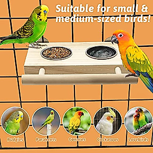 Tfwadmx Bird Food Stainless Steel Cups Wooden Perch Stand Hanging Feeder Bowls Feeding and Watering Supplies for Parakeets Conures Cockatiels Budgie Parrot