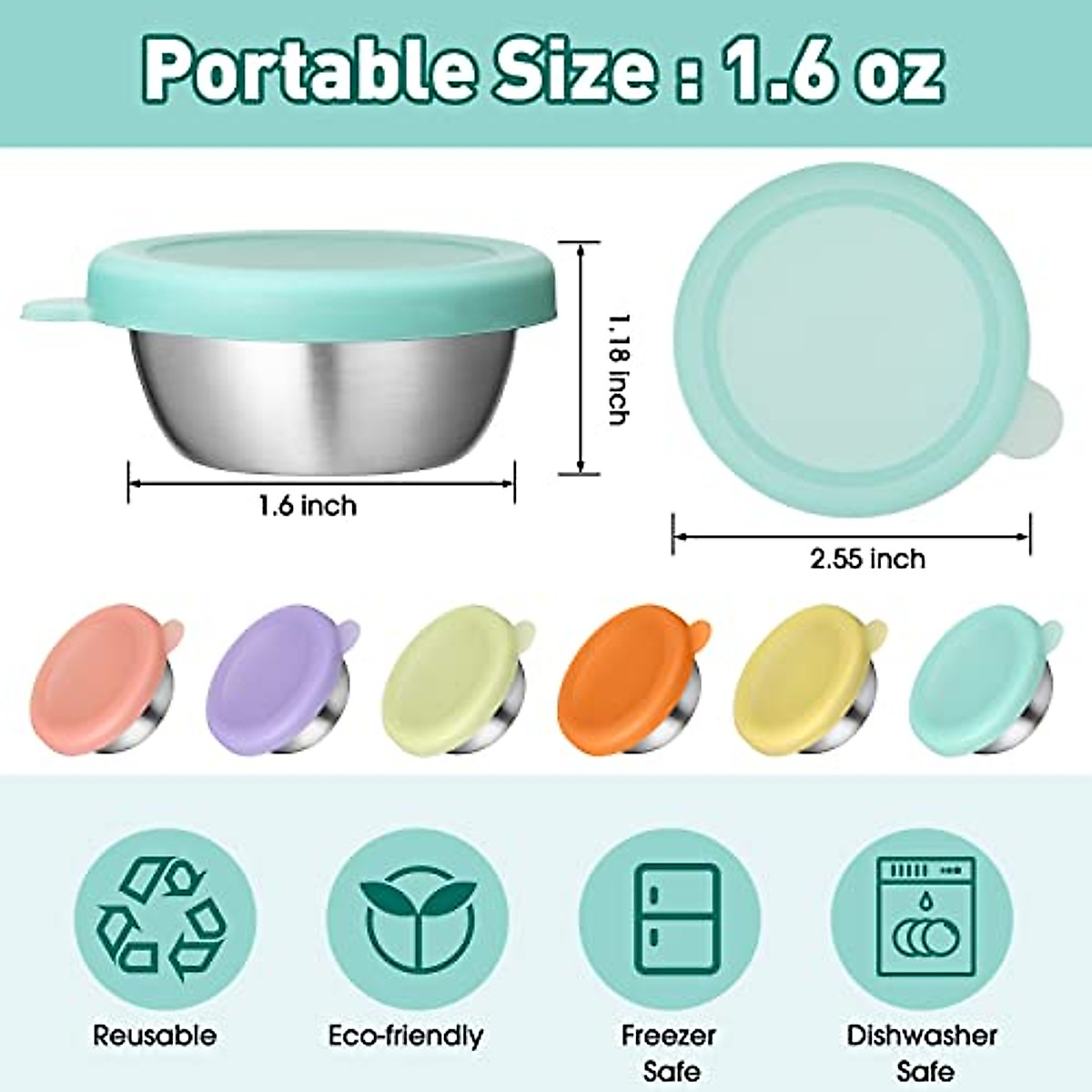 Mimorou 12 Pieces Salad Dressing Container To Go Stainless Steel Condiment Containers with Lid Reusable Sauce Silicone Leakproof Dipping Cups for Lunch Box Picnic Travel, Blue,Orange,Pink,Purple