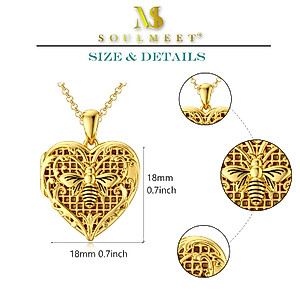 SOULMEET 18K Gold Plated Heart Shaped Honeycomb Bee Locket Necklace That Holds 1 Picture, 20" (Locket only)