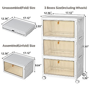 JONYJ Storage Bins with Lids 32Qt, 3 Packs Stackable Storage Bins with Wheels, Magnetic Door, Leather Handle, Plastic Storage Containers for Bedroom, Living Room, Kitchen, Bathroom (Large)
