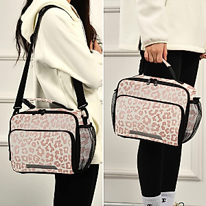 Rose Gold Leopard Print Cheetah Lucn Bag for Women Girl,Cute Kids Reusable Cooler Lunch Tote Bag Insulated Leakproof Lunch Box Container for Girls Boys School Work Picnic