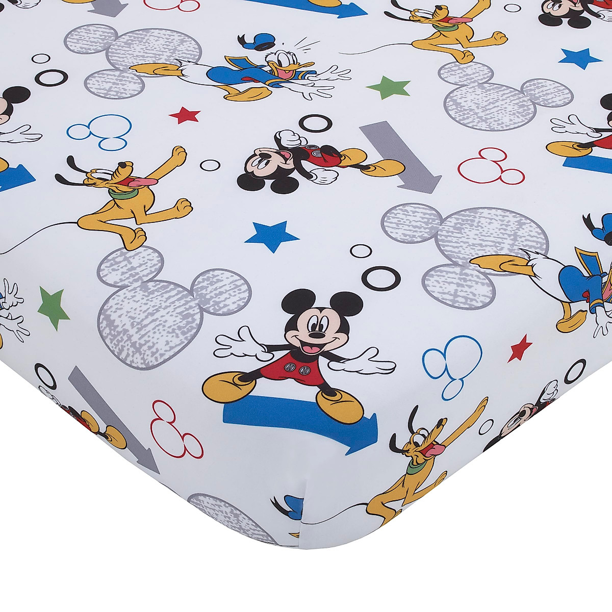 Disney Mickey Mouse Clubhouse Buddies Multi Colored Goofy, Pluto, and Donald Duck 4 Piece Toddler Bed Set - Comforter, Fitted Bottom Sheet, Flat Top Sheet, and Reversible Pillowcase