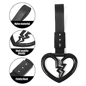 2 PCS Broken Heart Shaped Car Handle Straps Hang Ring Rear Bumper Warning Ring Decorative Subway Train Bus Handle Hand Strap Drift for Car Interior (Black)