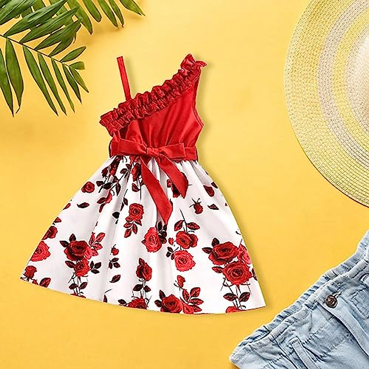 Toddler Kids Baby Girls Summer Casual Sleeveless One Shoulder Strap Floral Pattern Dress Party Kids (Red, 5-6 Years)