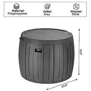 Pinikuyiro 36 Gallon Round Deck Box, Outdoor Storage Box for Patio Furniture,Patio Table for Cushion, Pool Accessories, Outdoor Toys, Easy Assembly & Lightweight, Grey