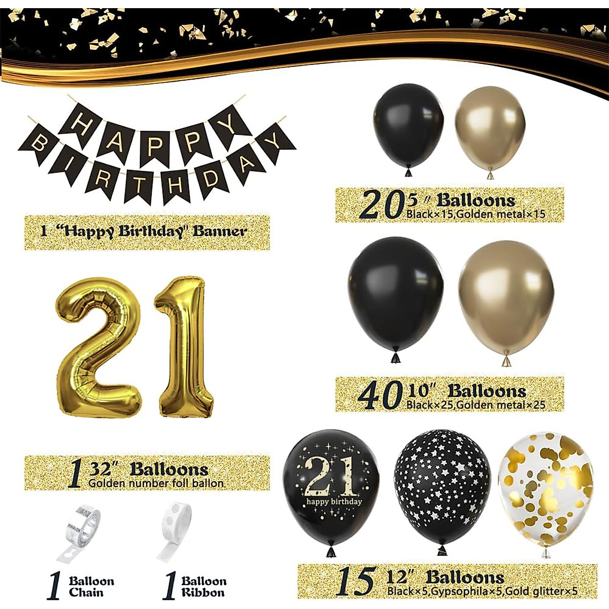 21st Birthday Decorations for Man Her , Black and Gold 21st Birthday Balloons Set Party Decorations with 21st Happy Birthday Banner，Black and Gold for Boys Girls 21 Birthday Party Supplies