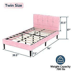Twin Size Fabric Upholstered Platform Bed Frame with Button Tufted Stitched Headboard, Mattress Foundation with Metal Wood Slat Support, No Box Spring Needed, Noise Free Design, Easy Assembly, Pink