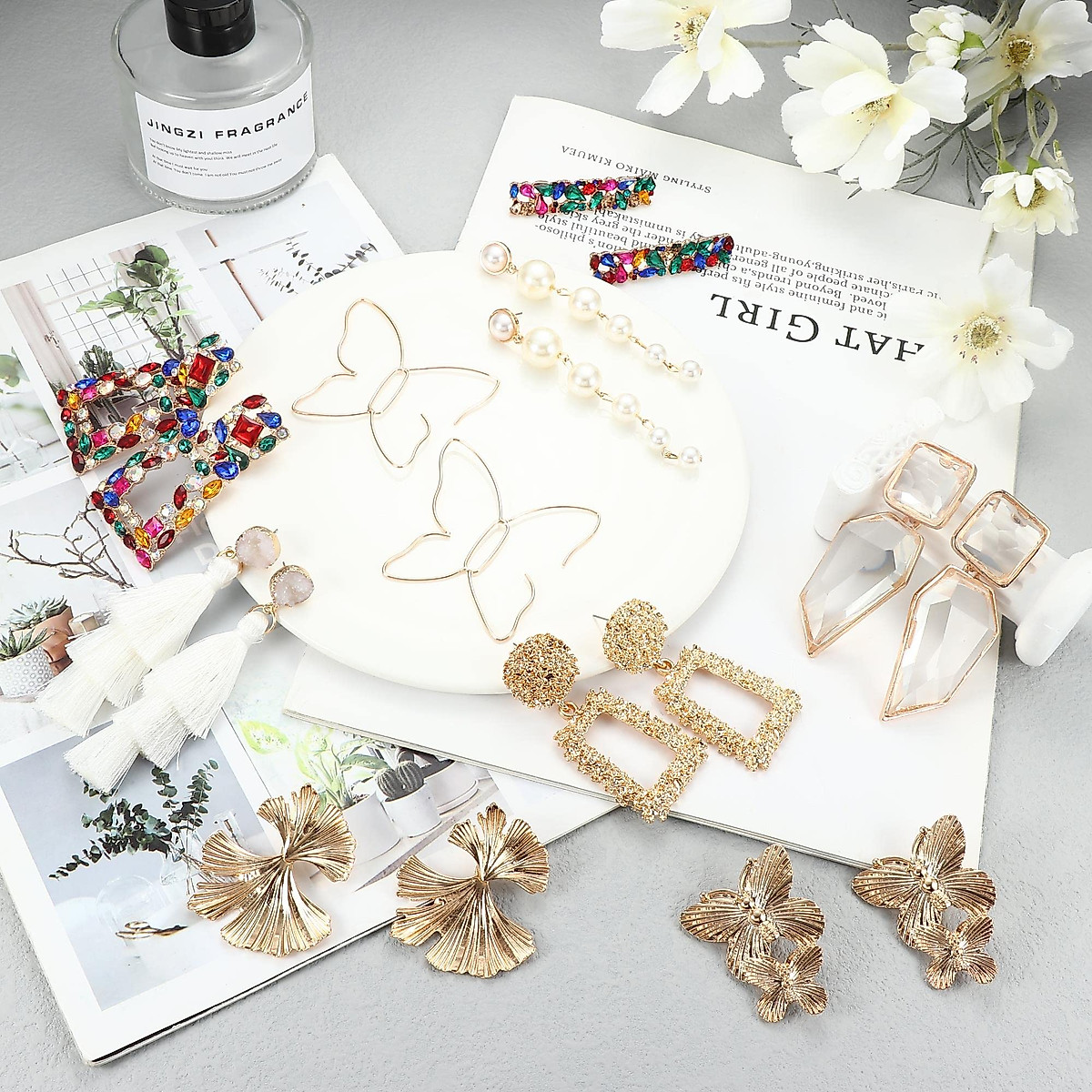 Sanfenly 9Pairs Rhinestone Rectangle Dangle Earrings Glass Geometric Statement Drop Earrings Pearls Earrings Vintage Bohemian Layered Tassel Earrings Gold Big Butterfly Earrings for Women