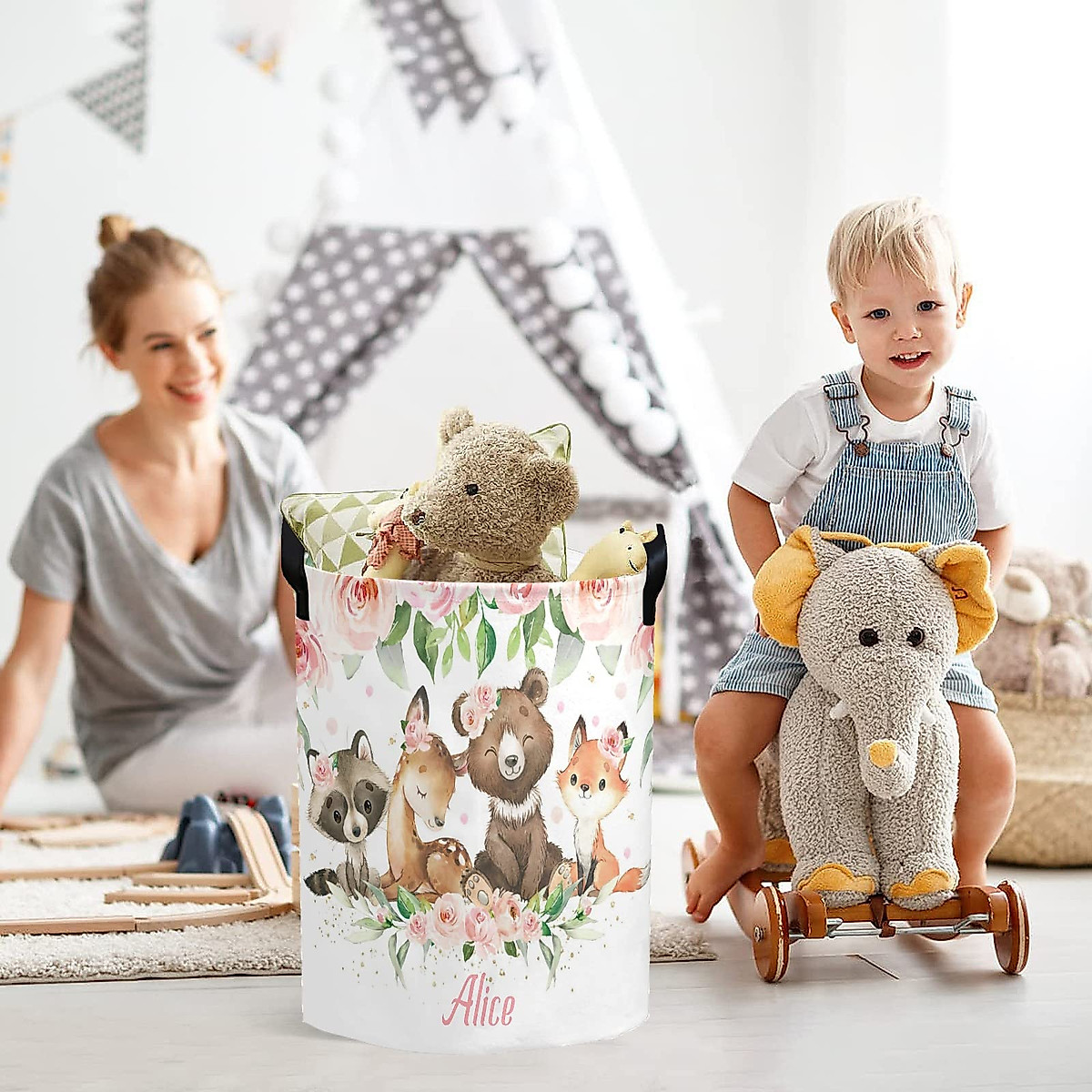 zaaprintblanket Laundry Basket Customized Name Organizer Storage Round Baskets Foldable Laundry Hamper with Handle for Nursery Bedroom Decor (Woodland Animals Pink Blush Floral)