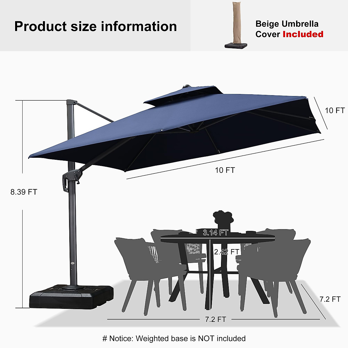 PURPLE LEAF 10FT Cantilever Outdoor Umbrellas Large Patio Umbrella Hanging Double Top Square Offset Umbrella with 360°Rotation Tilting Umbrella Outdoor Patio, Navy Blue