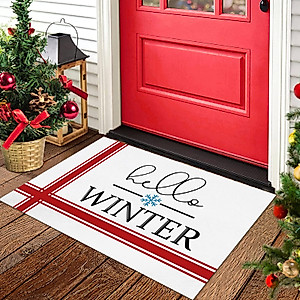 Hello Winter Door Mats, 23.6" x 15.7" Outdoor Indoor Entrance Doormat Welcome Mats, Absorbent Water Non Slip Entryway Rug, Front Doormat Inside Outside, Christmas Snowflake with Holiday Red Stripes