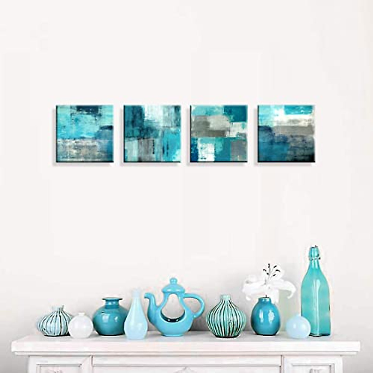 Abstract Wall Art Canvas Turquoise and Grey Abstract Art Painting Canvas Artwork Contemporary Wall Art for Bathroom Bedroom Living Room Kitchen Wall Decor 12" x 12" x 4 Pieces Canvas Prints