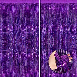 Purple Metallic Tinsel Foil Fringe Curtains, 2 Pack 3.3x8.3 Feet Streamer Backdrop Curtains for Birthday Party Decorations, Halloween Decor, Foil Curtain Backdrop for Bachelorette Party