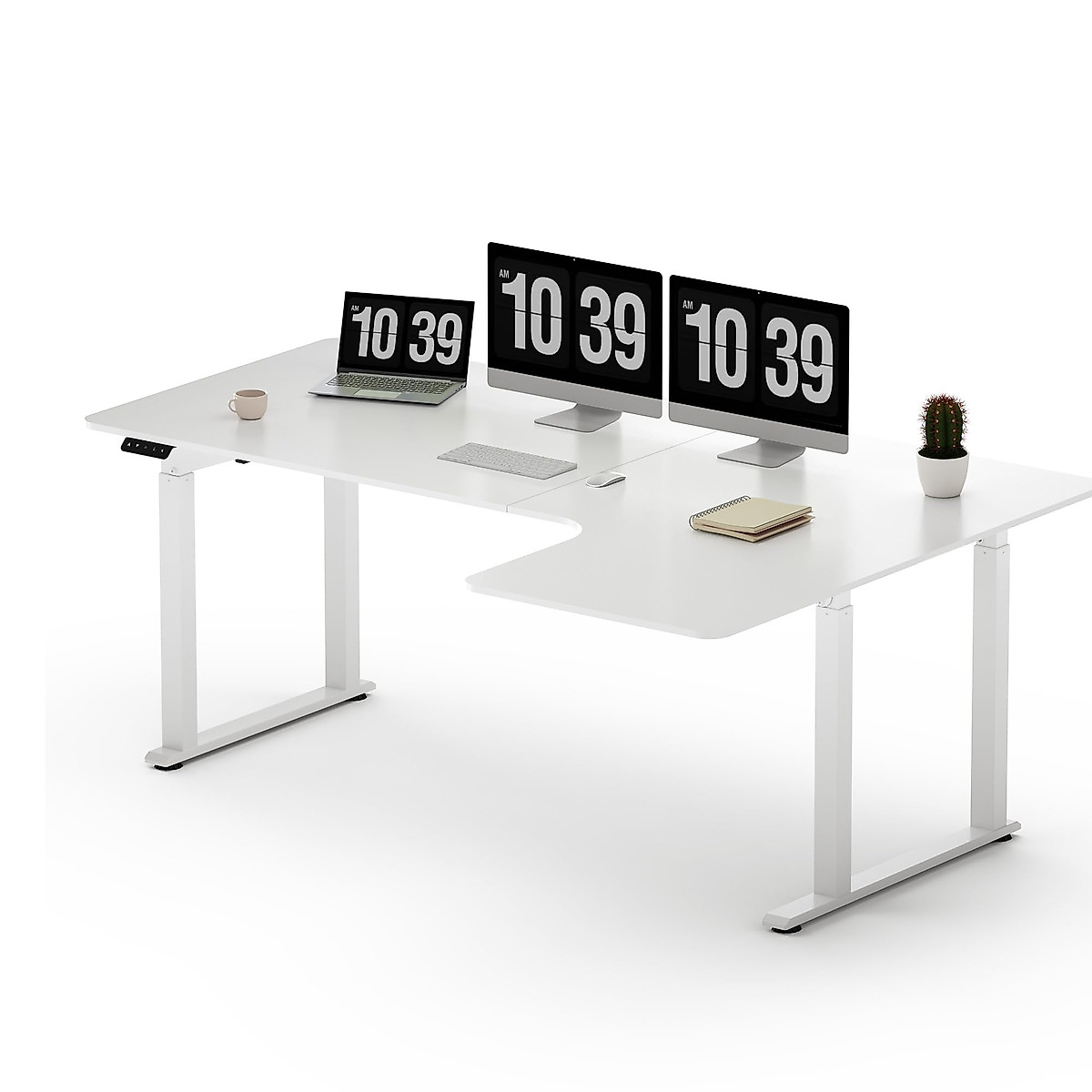 SANODESK L Shaped Standing Desk with Dual Motor 4-Leg Lift, Electric Height Adjustable Desk with Memory Presets for Home Office(71x32 Joint Boards,White)