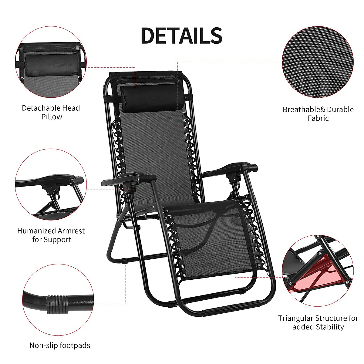 CYCLONE SOUND Adjustable Zero Gravity Folding Reclining Lounge Chair with Pillow，Anti-Gravity Chair for Indoor & Outdoor, Folding Reclining Chair w/Side Tray
