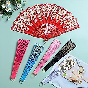 PHONME Multipurpose 2 pcs Fashion Folding Fan Flower Lace Silk Wedding Dance Party Stage Performance Decoration Fashion Stamping Hand Held Fan for Decoration Vintage style (Color : Red)