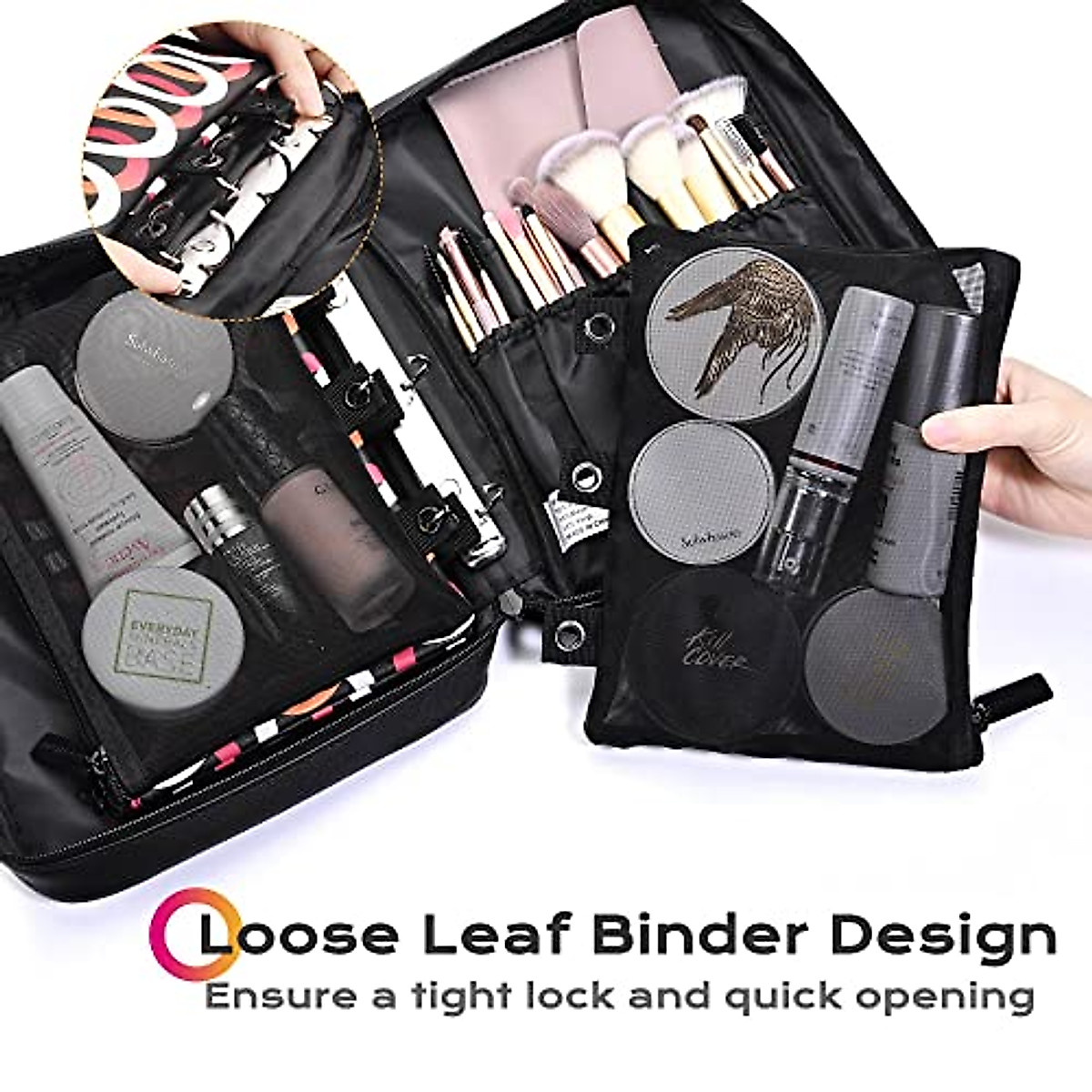 BYOOTIQUE Makeup Bag with 3 Removable Pouches 3 IN 1 Detachable Cosmefic Bag Loose Leaf Binders Removable Portable Toiletry Travel Hanging Makeup Bags Organizer Storage Makeup Brush Holder, Black