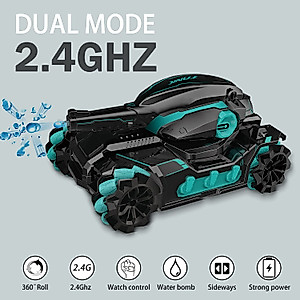 RC Tank Car, Koeni Remote Control 12Kmh for All Terrains Can Launch Water Bomb, 2.4 Ghz Car with 180 degree Rotating Shooting & 360° Rotating, High Speed Off-Road 4WD, Boys Toys Age 6-8, Black-green