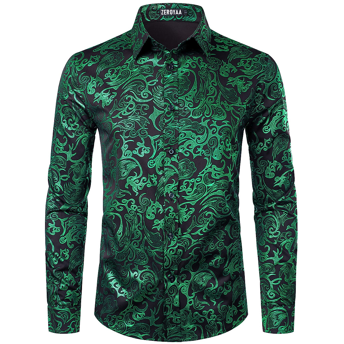 ZEROYAA Men's Luxury Prom Design Slim Fit Long Sleeve Button up Party Dress Shirts ZZCL48 Emerald Large