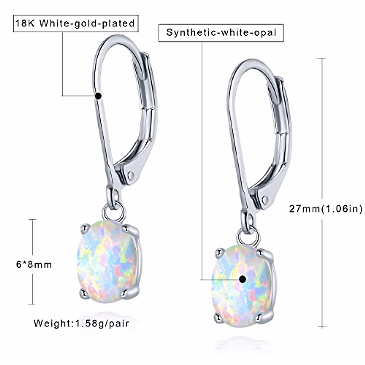 Leveback Dangle Earrings Created White Oval Opal 6x8mm for Women Teen Girls Nickel Free 18k White Gold Plated OPALTOP