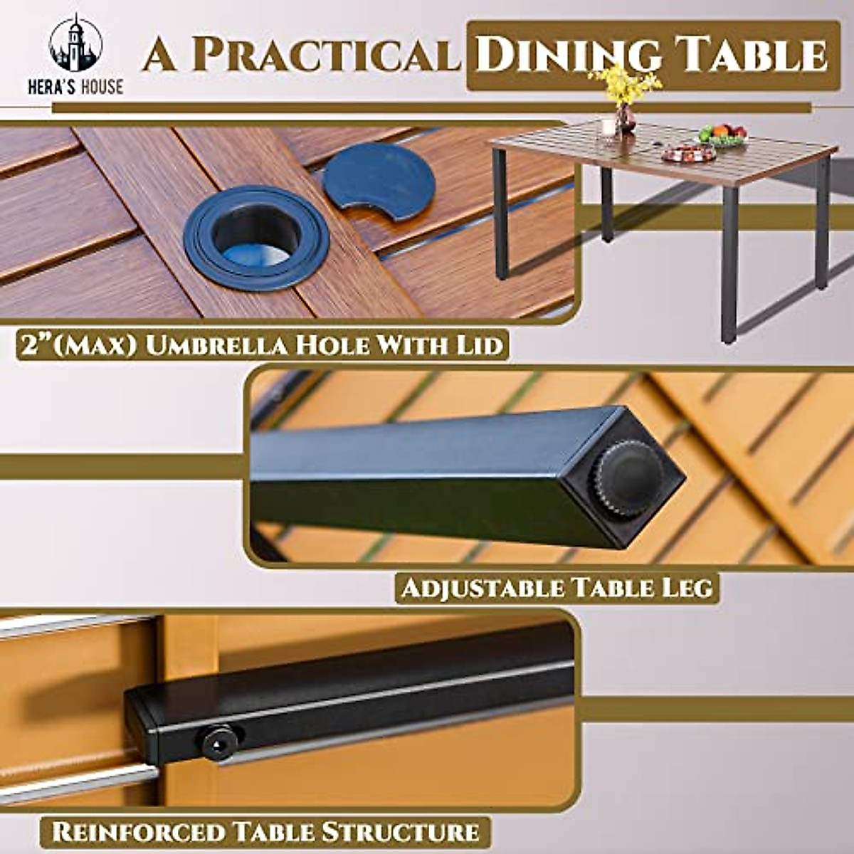 HERA'S HOUSE 7 Pieces Patio Dining Set, 60" Wood Look Table, 4 Metal Chairs and 2 Swivel Chairs, 6-Person Outdoor Table and Chairs Set for Lawn Garden Backyard