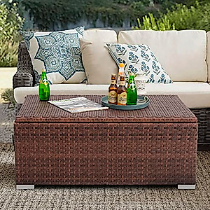 DIMAR GARDEN Outdoor Storage Coffee Table with Waterproof Cover,Patio Wicker Storage Table,42 Gallon Mixed Brown