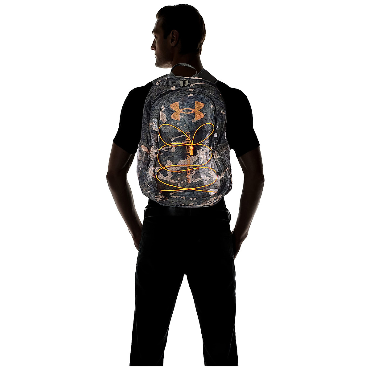 Under Armour Kids' Hustle Mesh Backpack, (310) Baroque Green / / Blaze Orange, One Size Fits Most