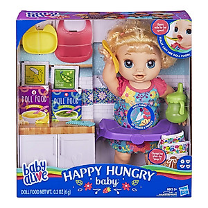 Baby Alive Happy Hungry Baby Blond Curly Hair Doll, Makes 50+ Sounds & Phrases, Eats & Poops, Drinks & Wets, for Kids Age 3 & Up, Brown/A (E4894)