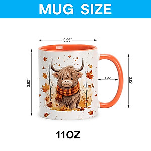 Hyturtle Fall Highland Cow Maple Leaves Coffee Mug - Birthday Gifts For Cow Lovers - Fall Autumn Decor Gifts For Farmhouse Thanksgiving - Highland Cow Gifts - 11oz White Ceramic Coffee Tea Mug
