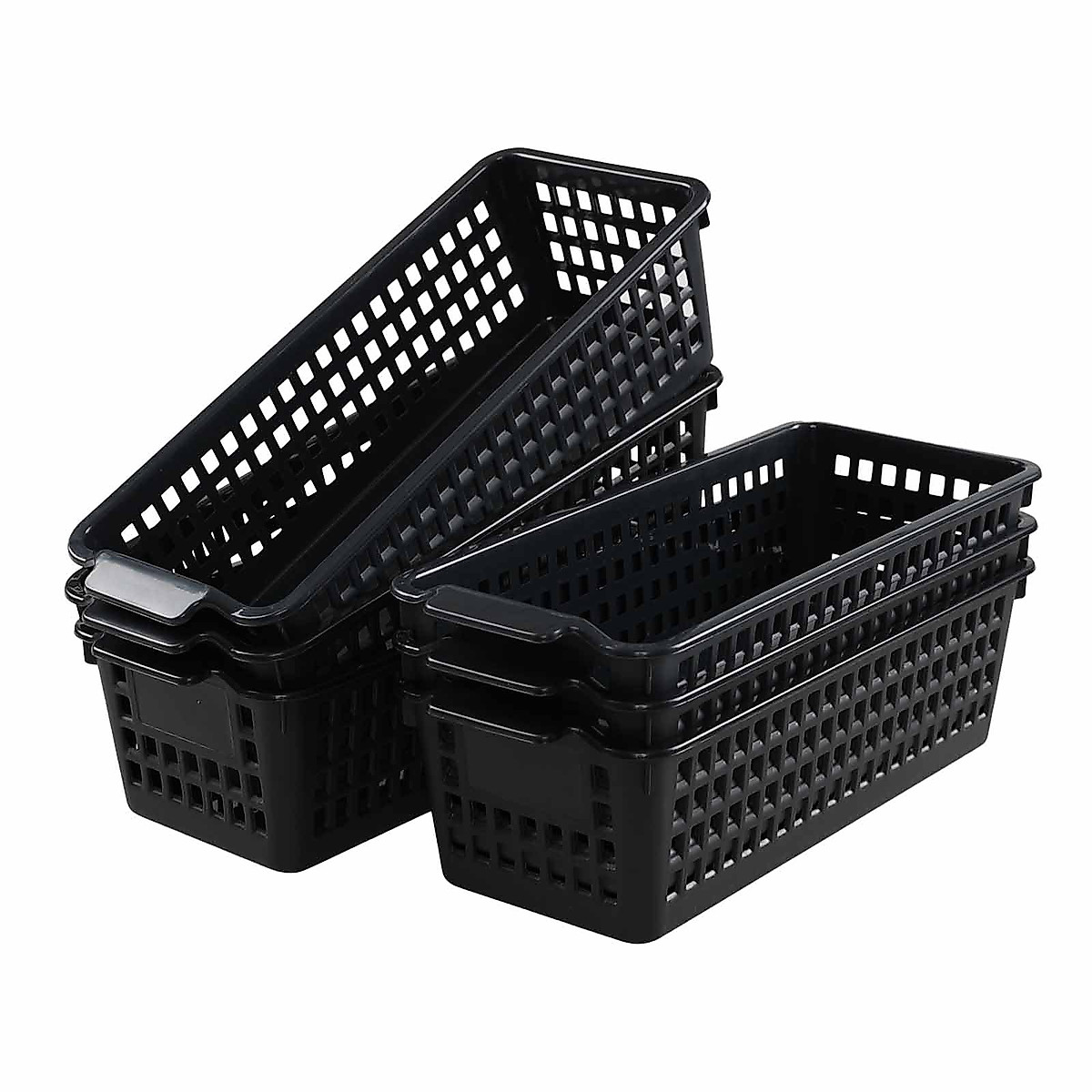 Bringer 6-Pack Slim Plastic Storage Baskets, Black Plastic Rectangle Storage Baskets