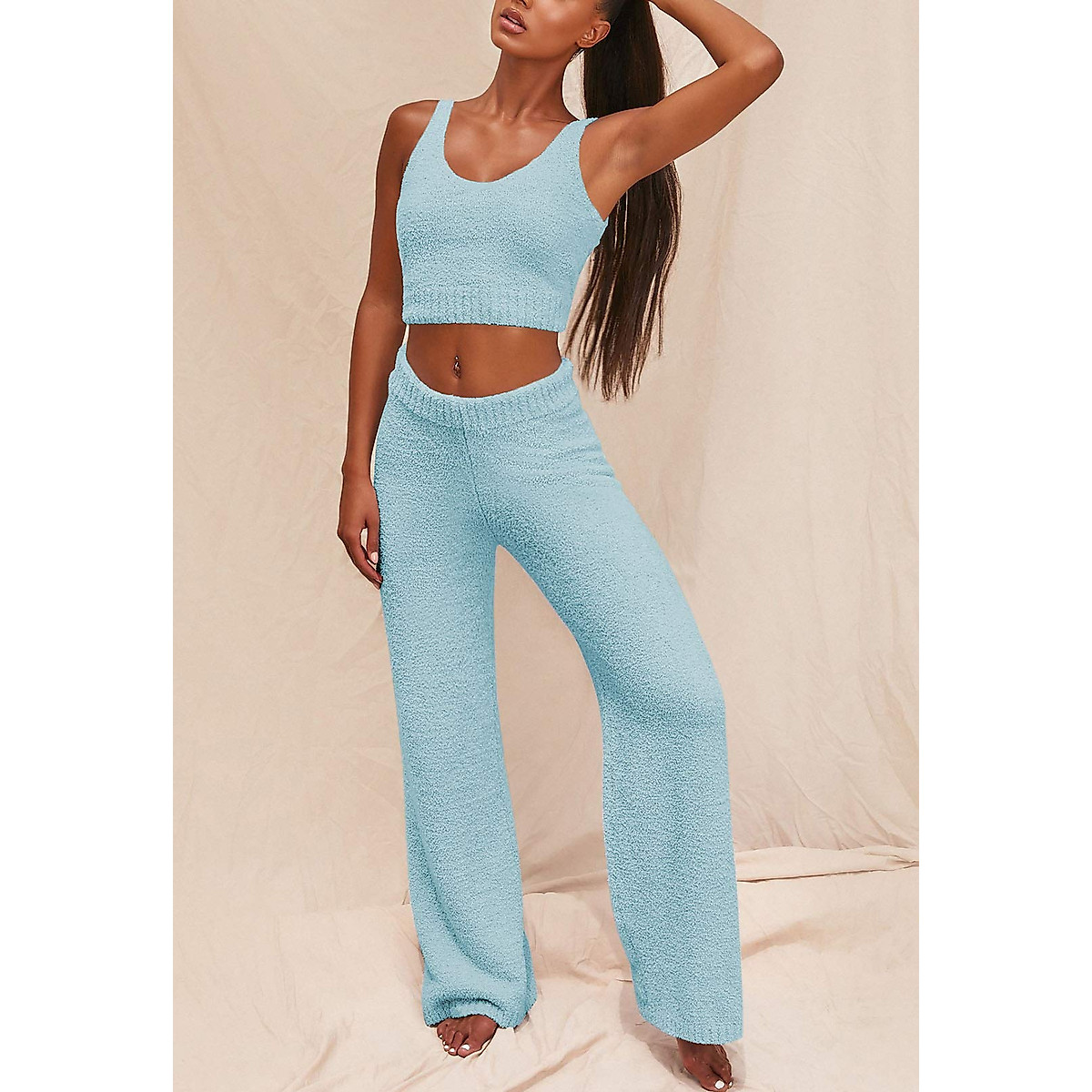 Fixmatti Women Lounge Set 3 Piece Fuzzy Fleece Crop Tops and Pants Open Front Cardigan Pajama Set Light Blue XL