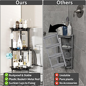SWTYMIKI Corner Shower Caddy Standing - 3 Tier Rust Proof Floor Standing Shower Organizer with 4 Hooks, Waterproof Corner Stand Shower Shelf Storage Rack for Bathroom, Bathtub, Black