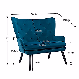 Dolonm Accent Chair Velvet Small Loveseat Tufted Button Wingback Armchair Modern Mid Century Settee Loveseat with Solid Wood Legs for Living Room Bedroom Reading Waiting Room (Teal)