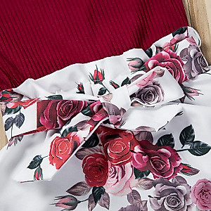 Kuriozud Newborn Infant Baby Girl Fall Winter Clothes Ruffle Ribbed Romper Tops Floral Pants Headband Outfit 2 Piece Set (red, 3-6 Months)