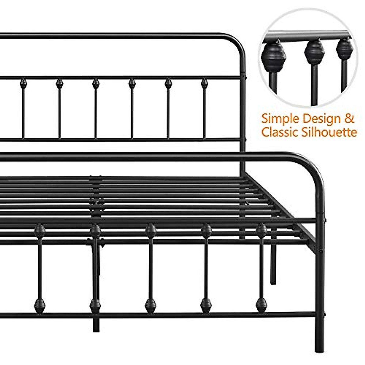 Topeakmart Queen Size Victorian Style Metal Bed Frame with Headboard/Mattress Foundation/No Box Spring Needed/Under Bed Storage/Strong Slat Support Black