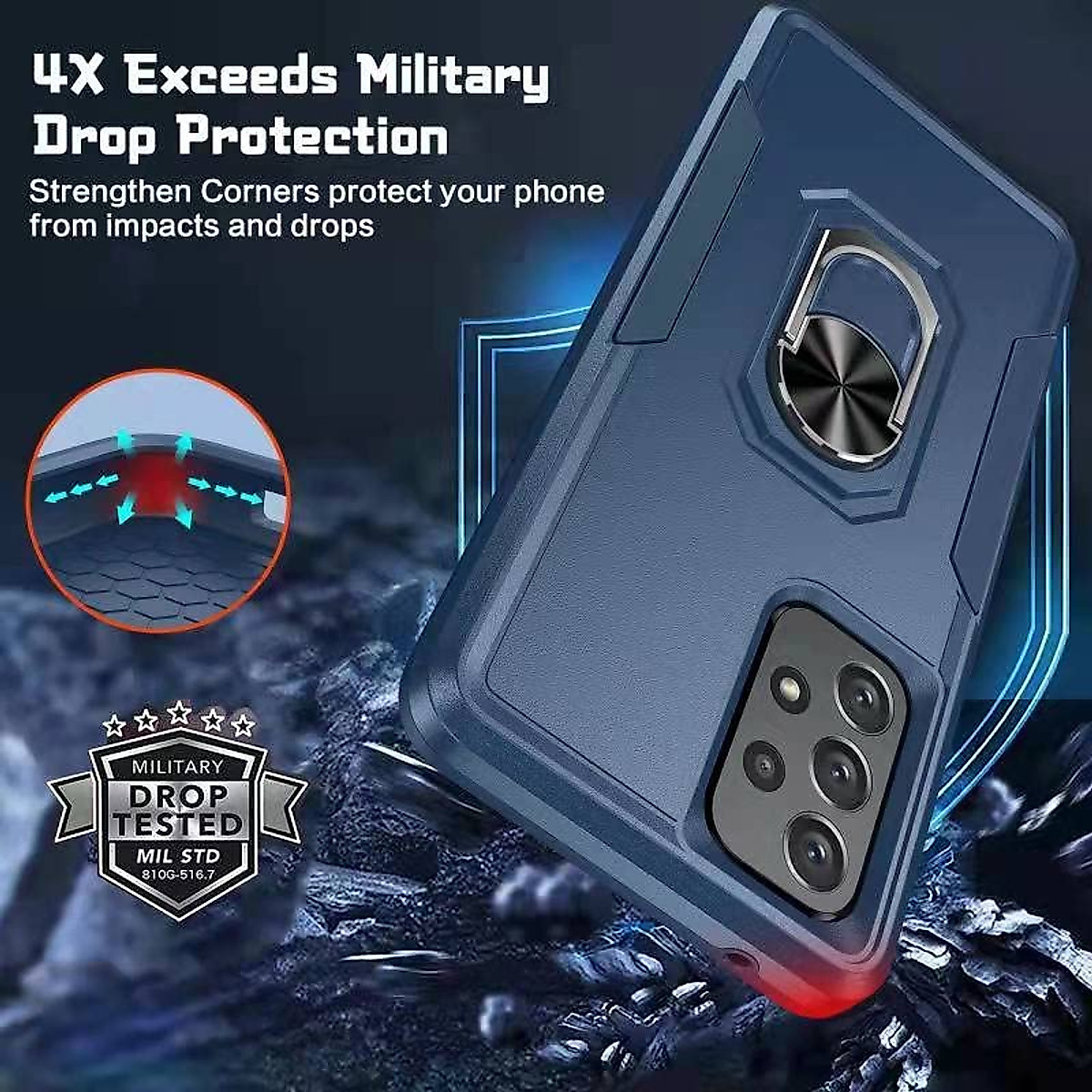 Oterkin for Samsung Galaxy A53 Case,A53 5G Case Military Grade Shockproof Protective Case with [360° Rotatable Ring Kickstand] [Tempered Glass Screen Protector] Heavy Duty Case for Samsung A53-Blue