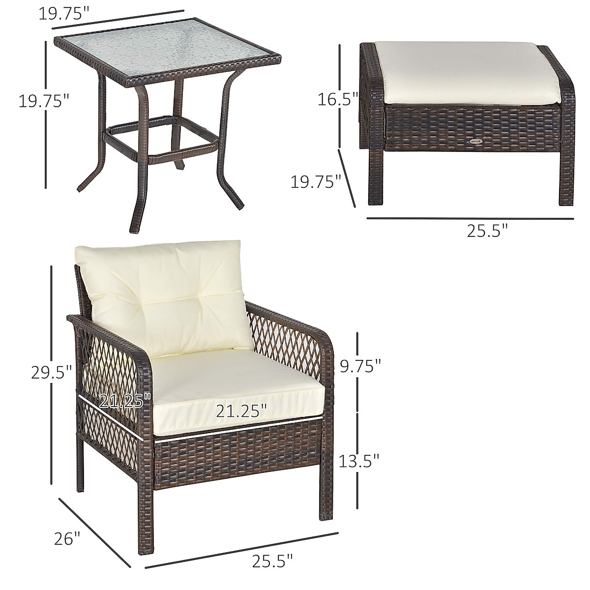 Outsunny 5-Piece PE Wicker Patio Furniture Set, Conversation Set with Outdoor Ottomans, Table & Chairs, Small Balcony Furniture for Apartments, Steel, Cream White