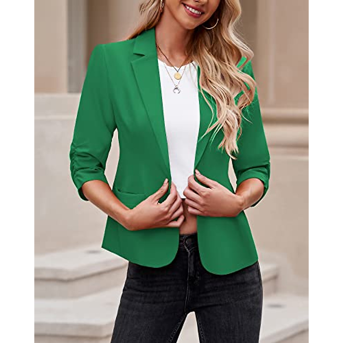 LookbookStore Jackets for Women Fashion Dressy 3/4 Sleeve Blazer for Women Blazers for Women Business Casual Summer Jackets for Women Lightweight Fashion Green Size Large Fits Size 12 / Size 14