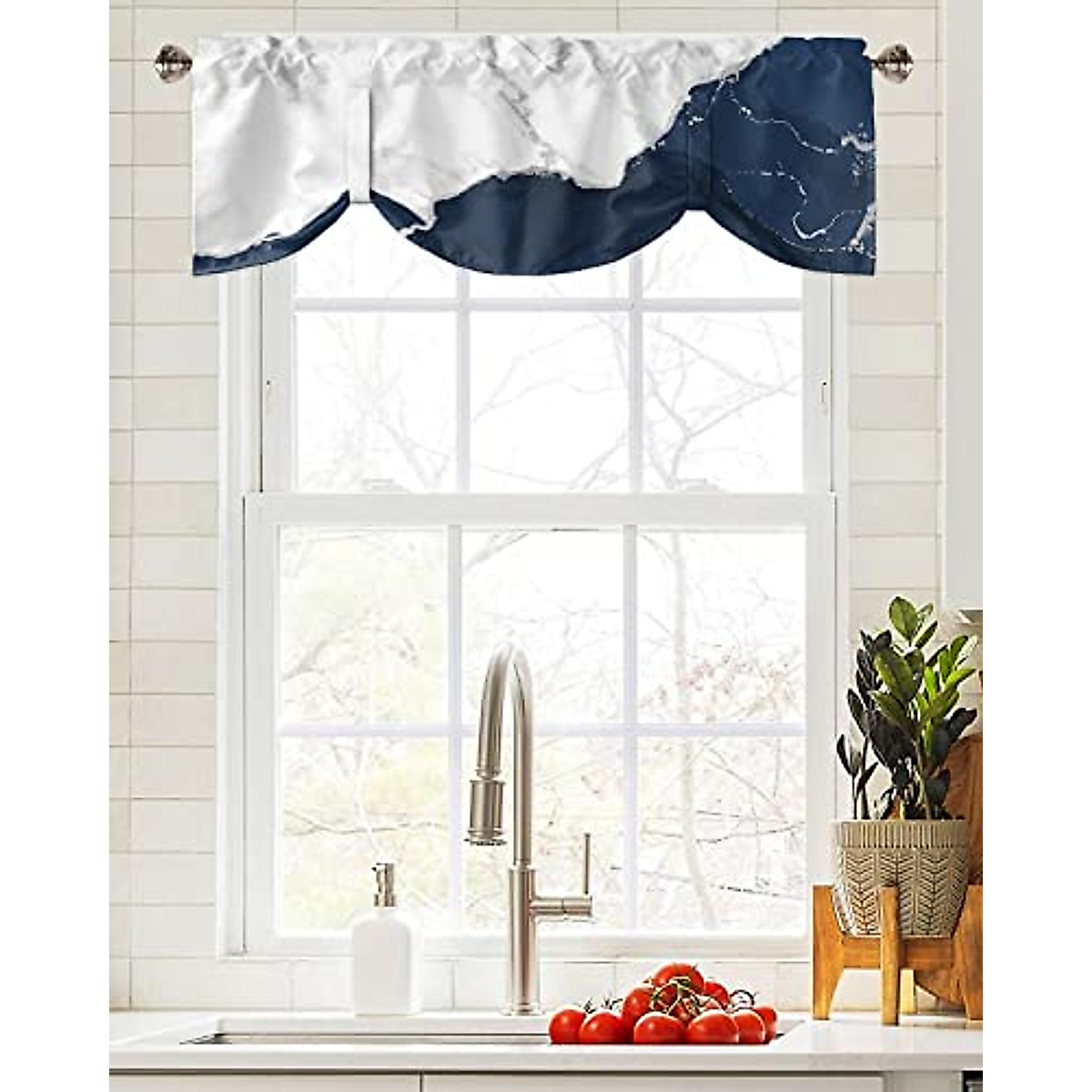 Tie Up Valance 12 Inches Long Wild Marble Pattern Gold White Navy Ombre Adjustable Top Shade Valance for Kitchen Window Treatments Rod Pocket Short Valances for Living Room Kids Room 42x12" 1 Panel