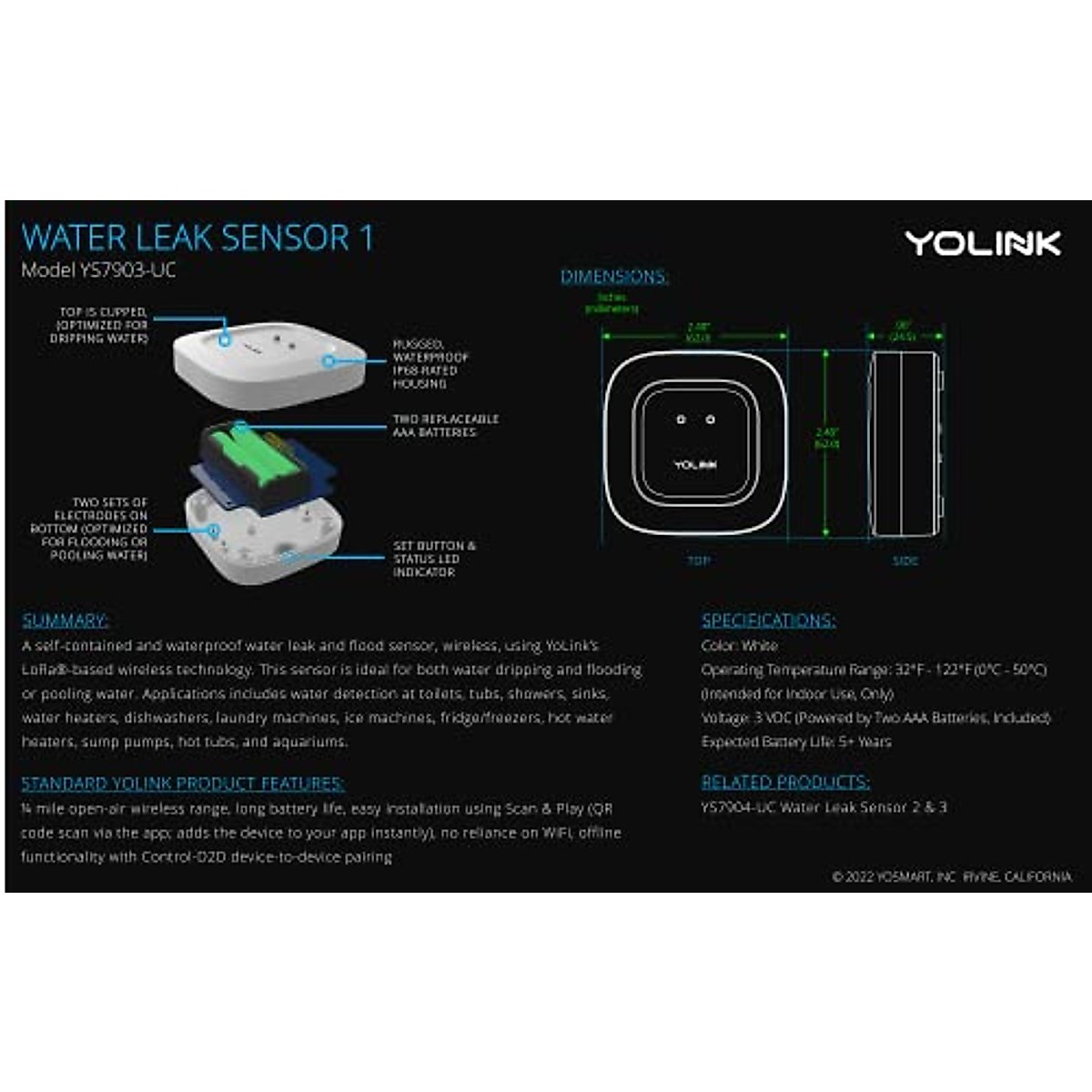 Smart Leak Sensor, YoLink 1/4 Mile World's Longest Range Wireless Smart Water Leak Sensor Compatible with Alexa and IFTTT Leak Detector with App Alerts and Remote Monitor, YoLink Hub Included