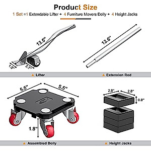 Ronlap Furniture Movers, Furniture Dollies Moving Dolly 4 Wheels Heavy Duty, Furniture Lifter Mover Tool Set for Moving Equipment Heavy Furniture Appliance Refrigerator Sofa, 680Lbs Capacity, Black