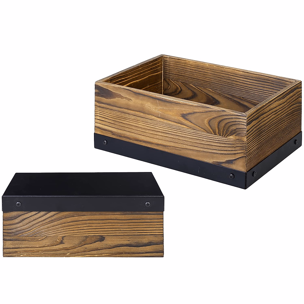 MyGift Solid Burnt Wood Cupcake Holder Cake Stand with Black Metal Top, Decorative Buffet Desserts and Appetizer Server Display Riser, Set of 2