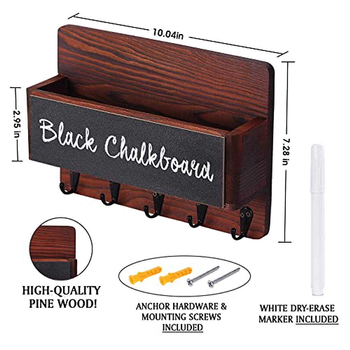 EMERAL Decor Pine Wood Wall Key Holder - Black Dry-Erase Chalkboard (Marker Included) - Decorative Rack Hook to Organize Keys, Mail, Dog Leashes - Housewarming Gift