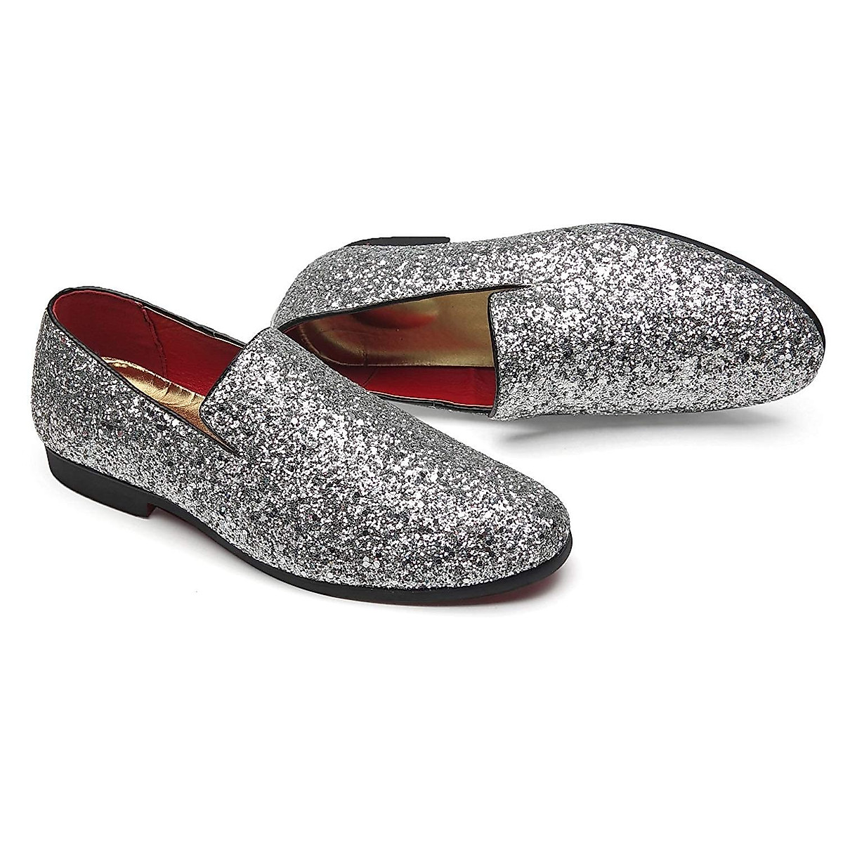 Mens Smoking Slipper Metallic Sparkling Glitter Tuxedo Slip on Dress Shoes Loafers Shoes (12.0 D(M) US, Silver)