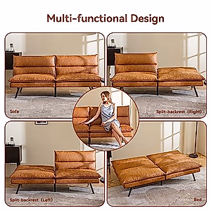 Opoiar Convertible Armless Futon Sofa Bed,3" Memory Foam Modern Loveseat Couch,71" L Sleeper Sofa Bed,Small Splitback Modern Faux Leather Futon Sofa for Living Room,Home Office,Apartment,Brown